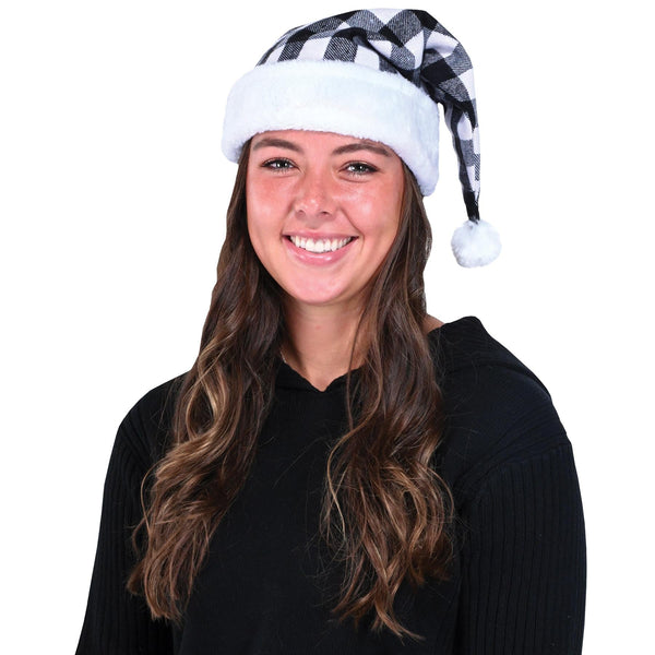 Ships Free! Bulk 12 Pack Beistle Christmas Plaid Santa Hat - Black & White